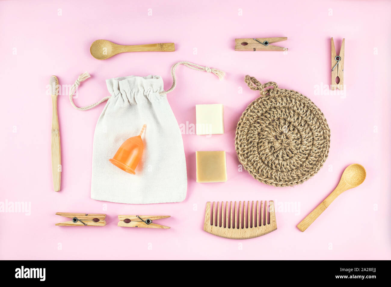 Zero waste set for bathing on light pink background. Flat lay style ...