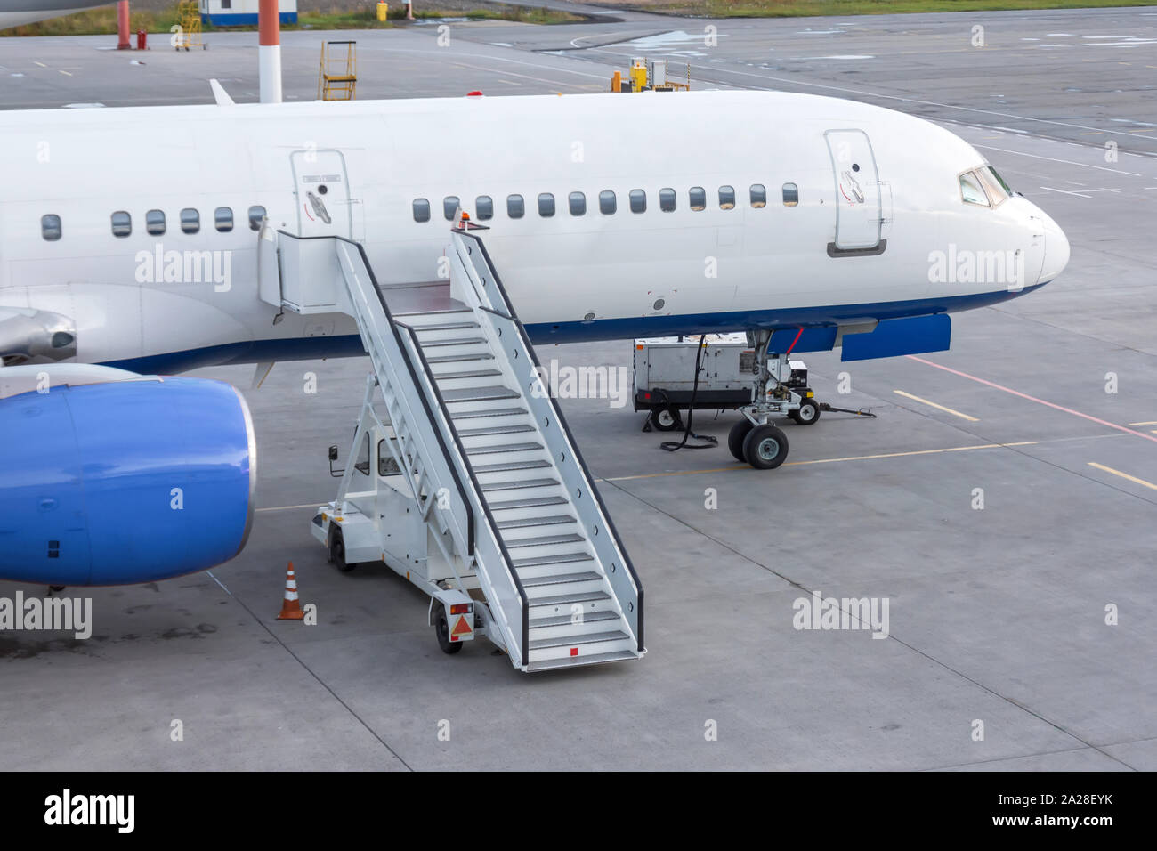 Aerial view the nose of the aircraft, ladder to the entrance of the ...