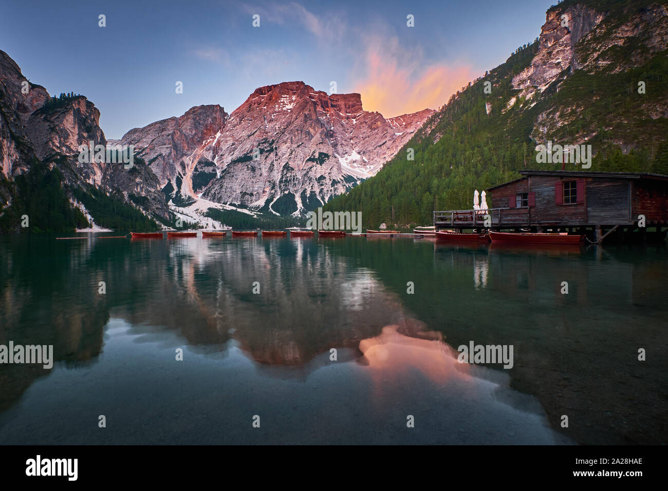 The landscape around Lake Braies or Pragser Wildsee located in Prags ...
