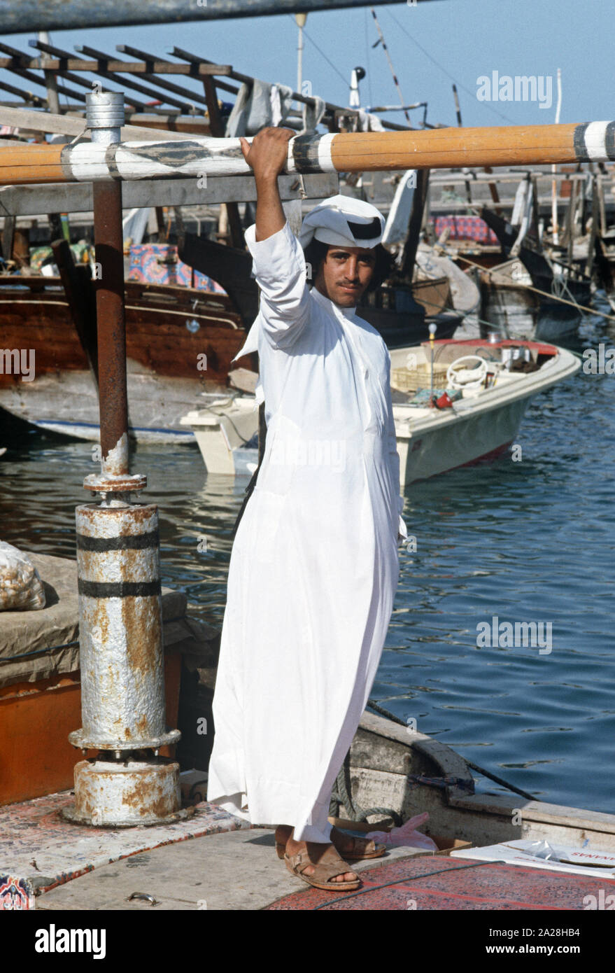 Fisherman on fishing dhow, Arabia Gulf, Sharjah, United Arab Emirates ...