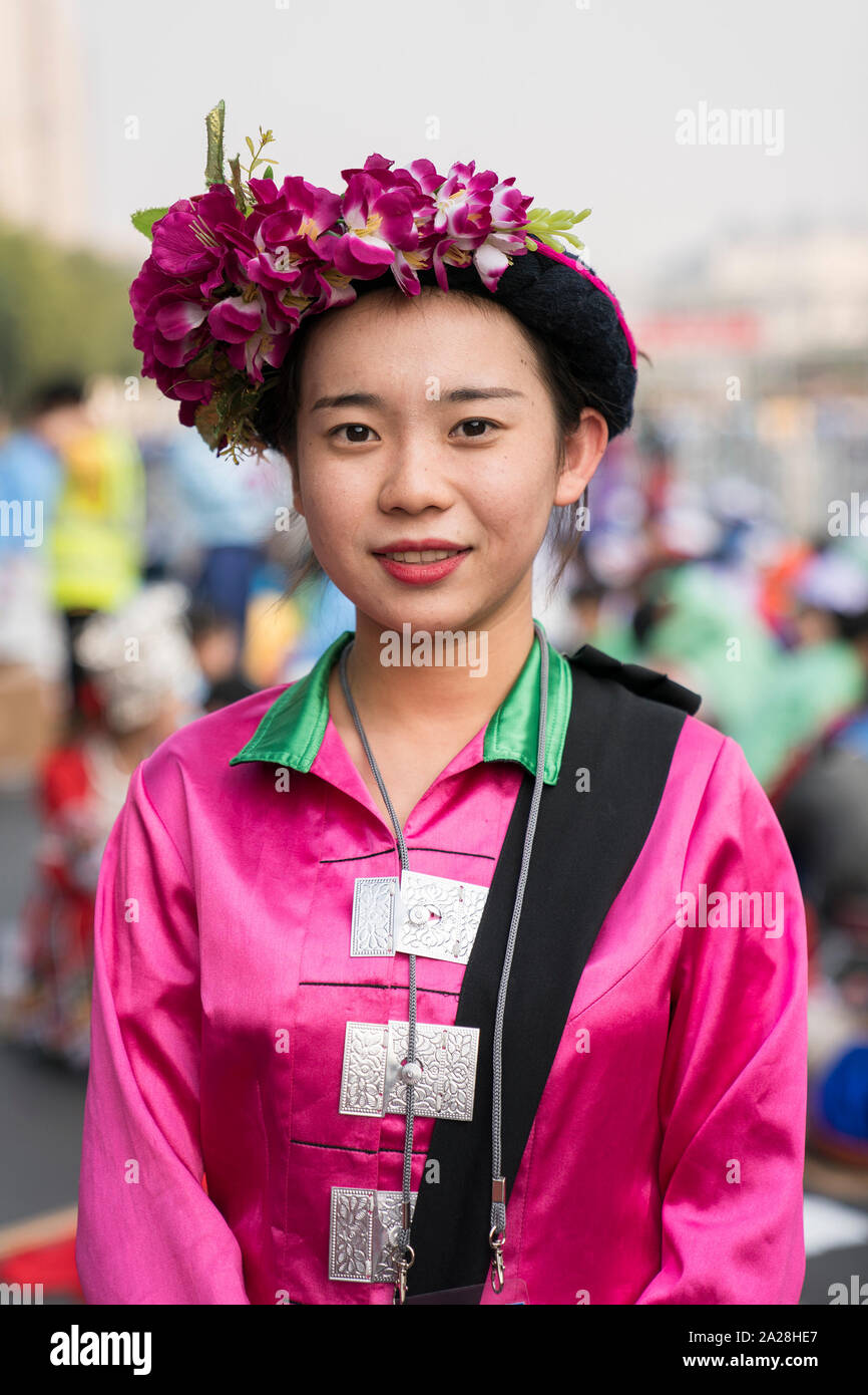 Beijing, China. 1st Oct, 2019. Yang Lixue of the Achang ethnic group ...