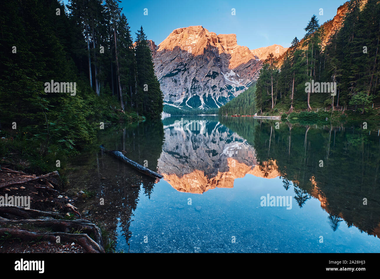 The landscape around Lake Braies or Pragser Wildsee located in Prags ...
