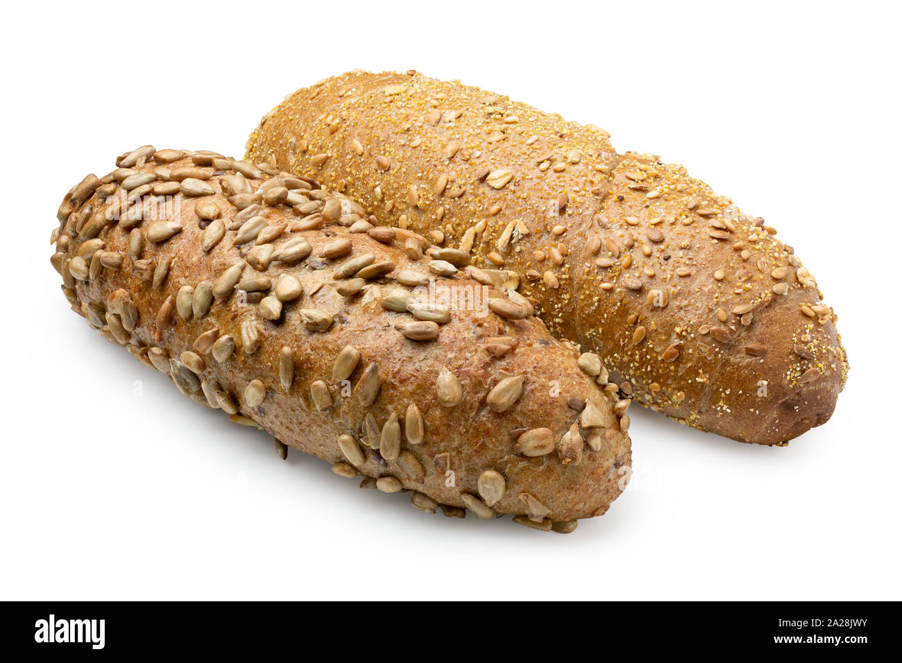 Long whole wheat sunflower seed bread roll and long whole wheat sesame ...
