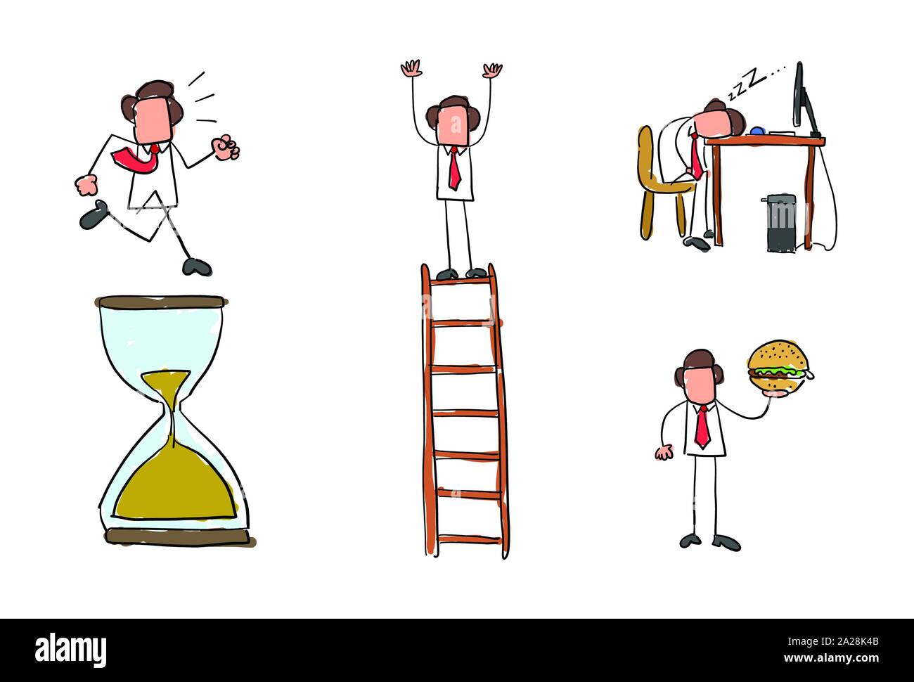 Quick hand drawing businessman set. Running on sand watch, standing on ...