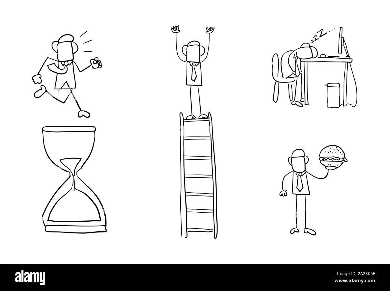 Quick hand drawing businessman set. Running on sand watch, standing on ...