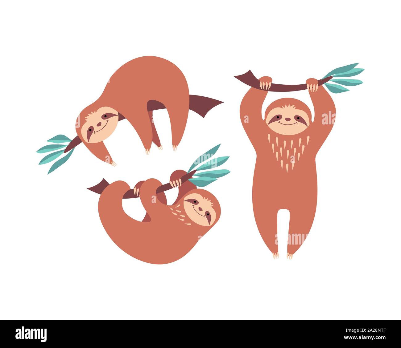 Set of cute cartoon sloths isolated on white background. Flat vector ...
