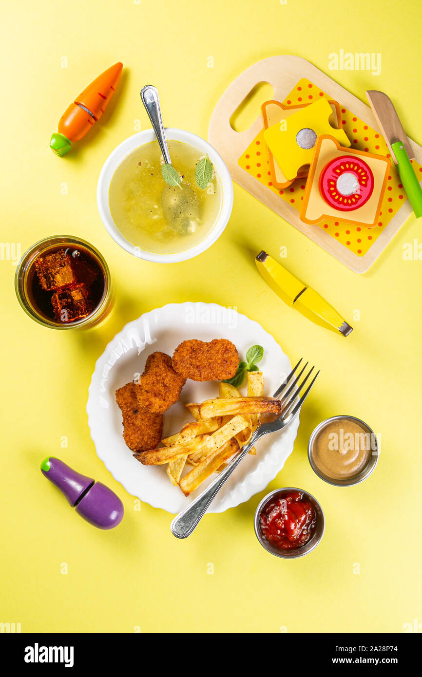 Kids menu concept - pasta, nuggets, french fries, soups, cola Stock ...