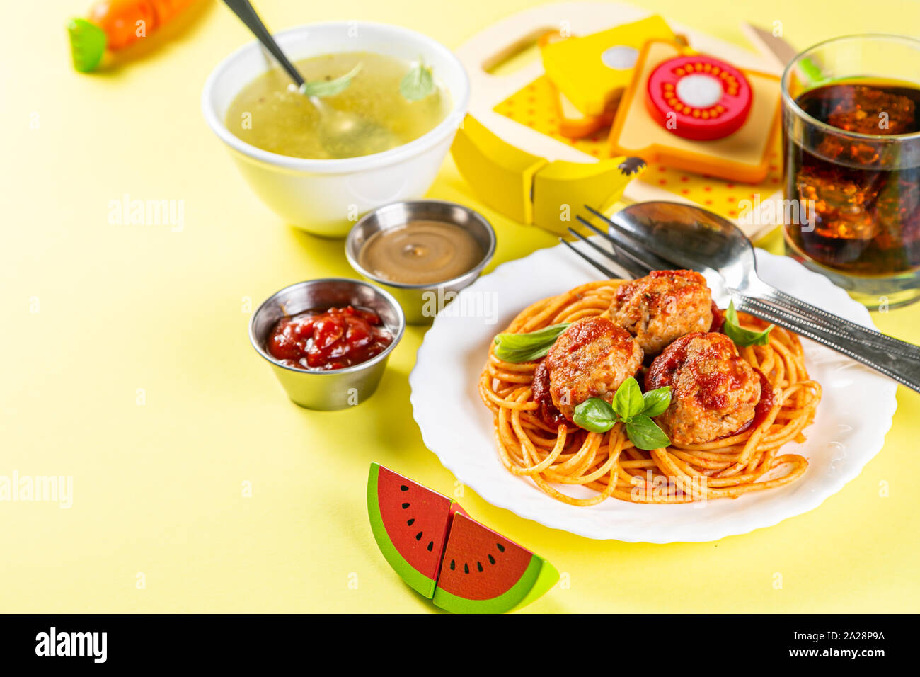 Kids menu concept - pasta, nuggets, french fries, soups, cola Stock ...