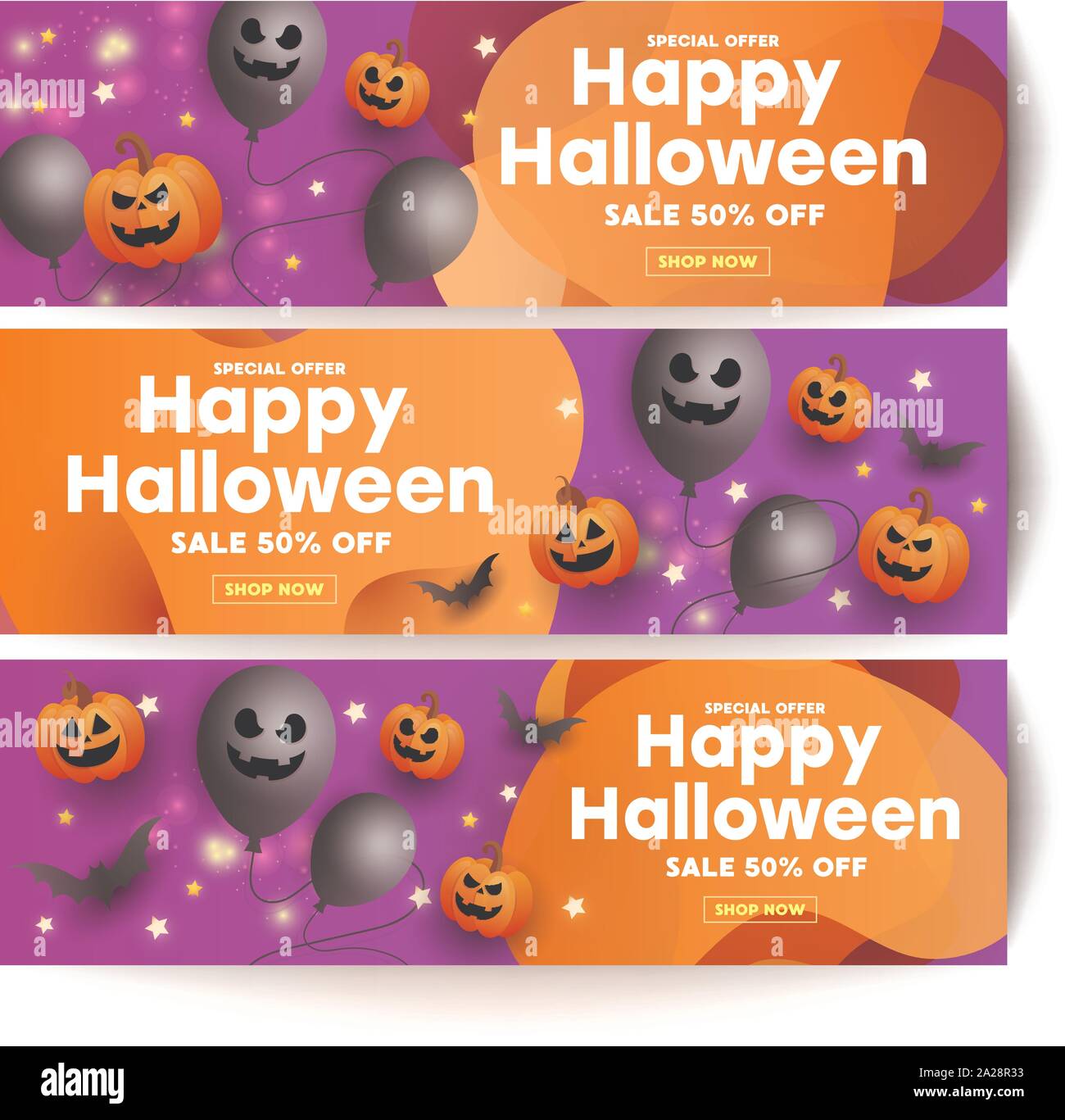Halloween sale template banners with scary face pumpkins, bats and a ...