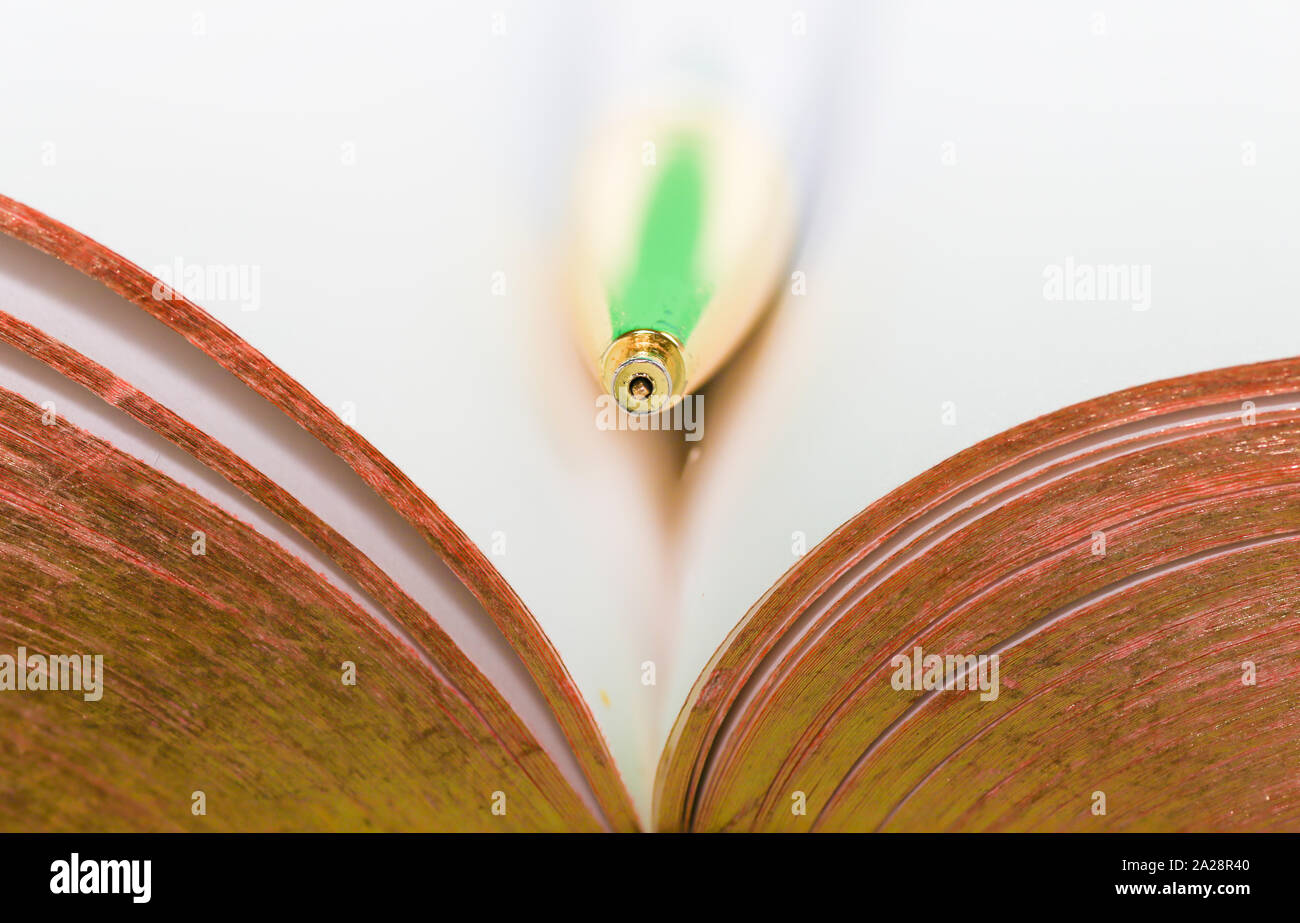 Macro over bible pages, open book with gold gilded pages Stock Photo ...