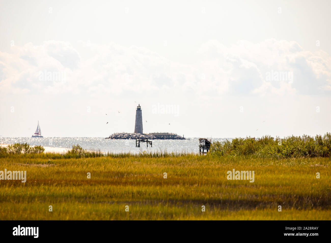 New Point Comfort Lighthouse on shores of Chesapeake Bay in rural ...
