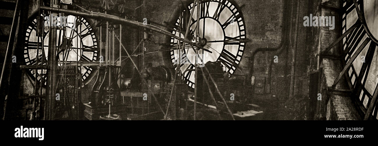 Vintage gravity driven clock tower mechanisms and dials Stock Photo - Alamy