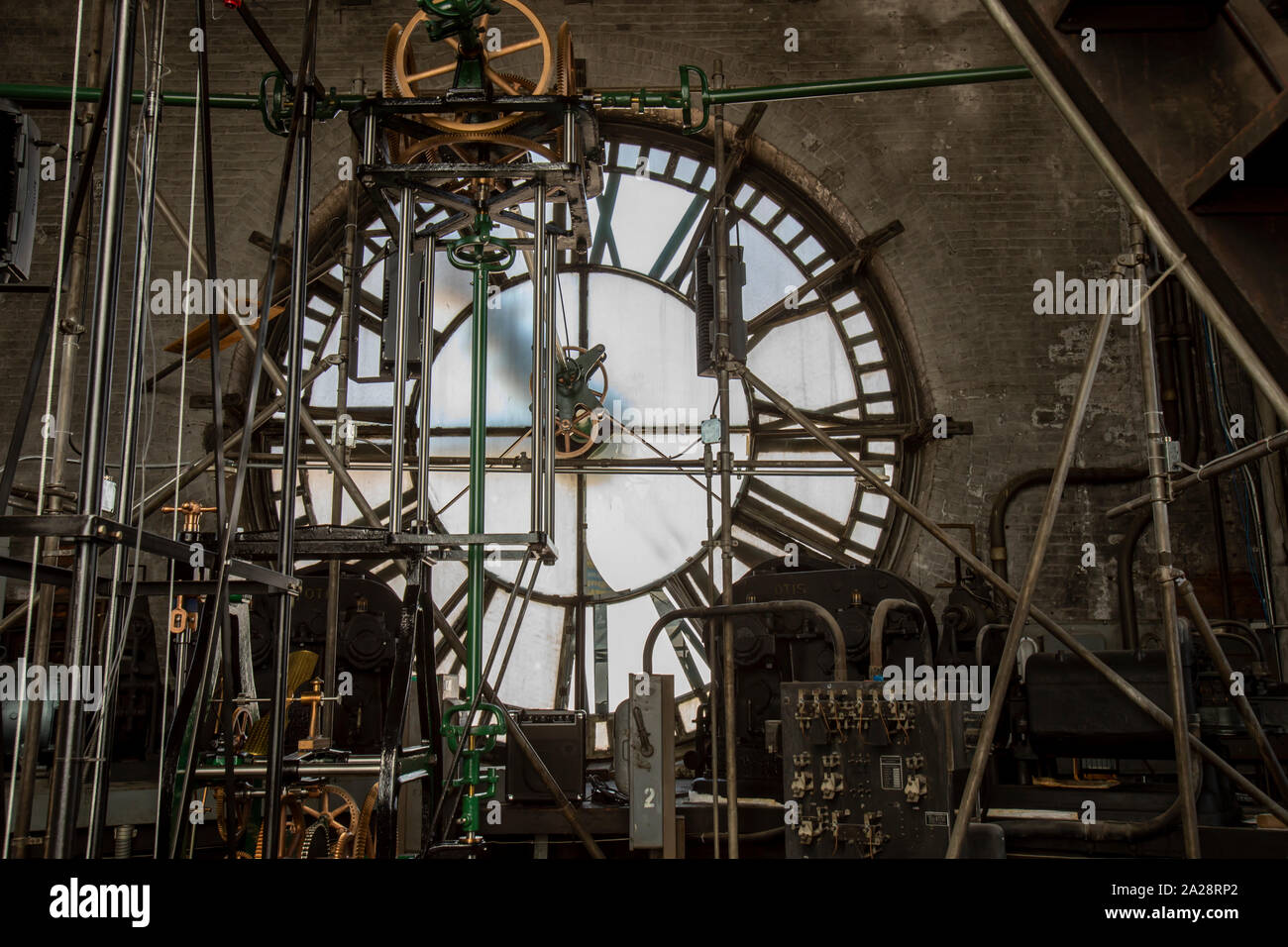 Vintage gravity driven clock tower mechanisms and dials Stock Photo - Alamy