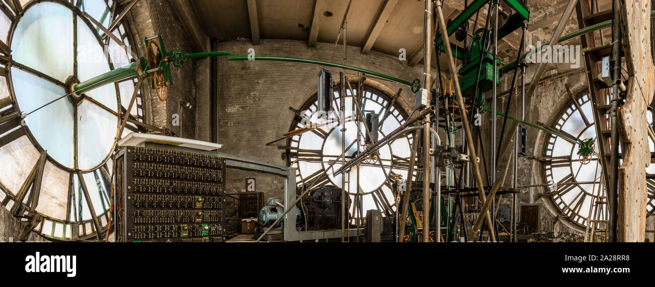 Vintage gravity driven clock tower mechanisms and dials Stock Photo - Alamy