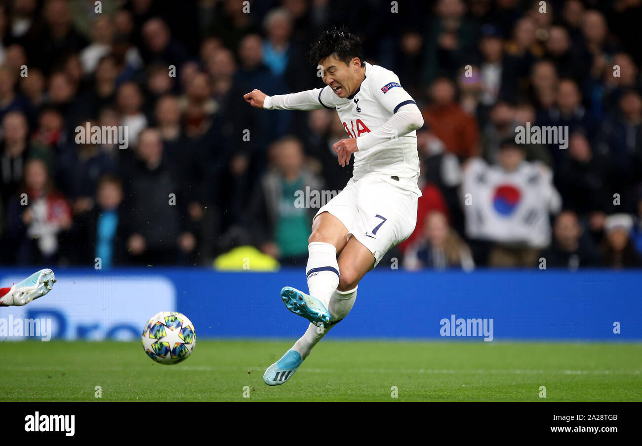 Tottenham Hotspur's Son Heung-min shoots during the UEFA Champions ...