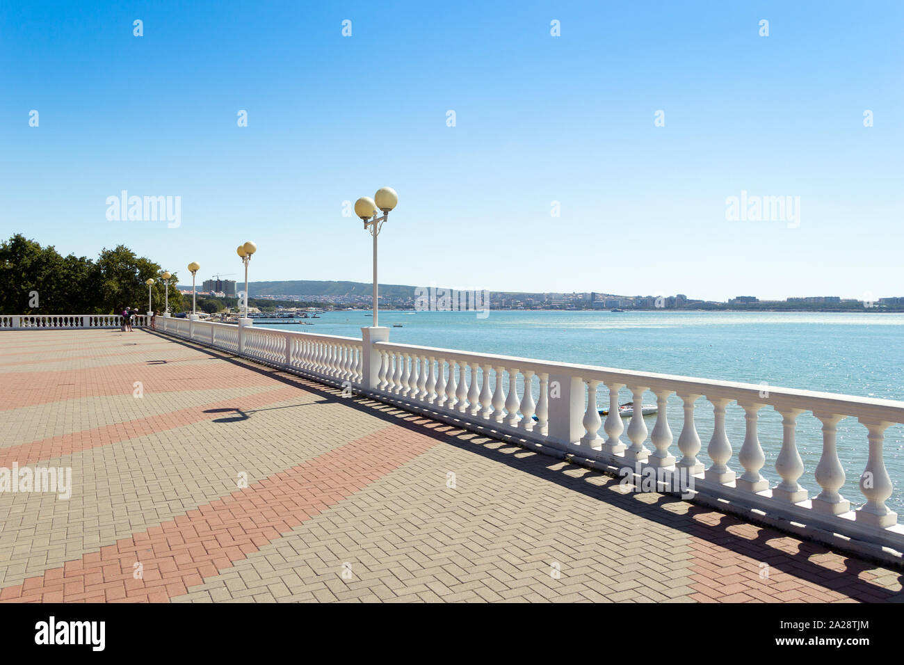 Vacation at sea background. View on seascape from promenade in sunny ...