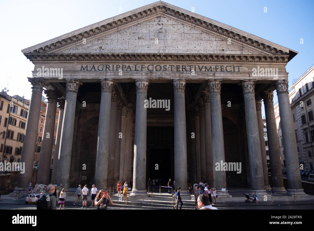 Scene of the front of the massive pillared historic Pantheon in Rome ...