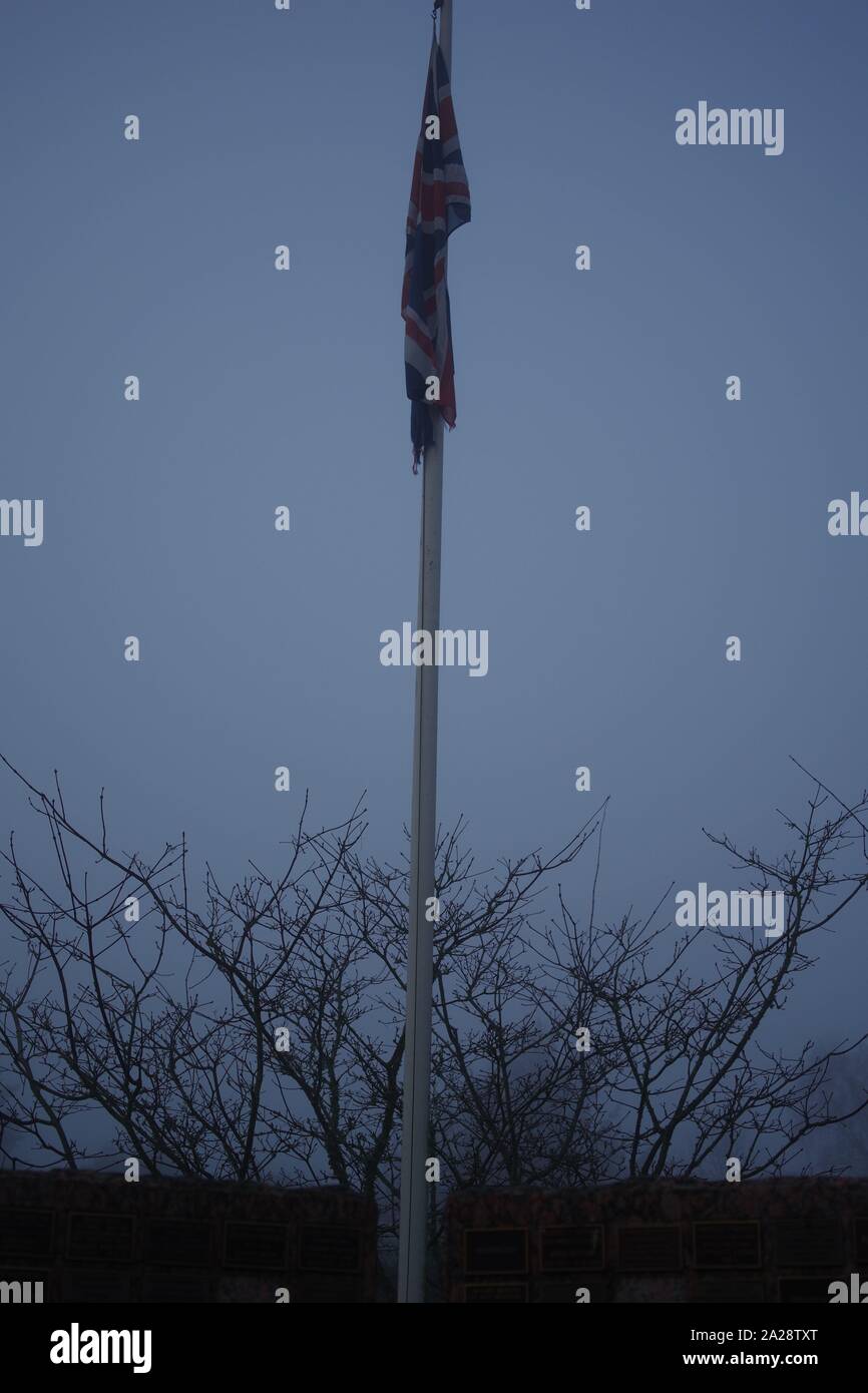 Limp Union Jack Flag on a Mistry Gloomy Winters Day. Exeter, Devon, UK ...