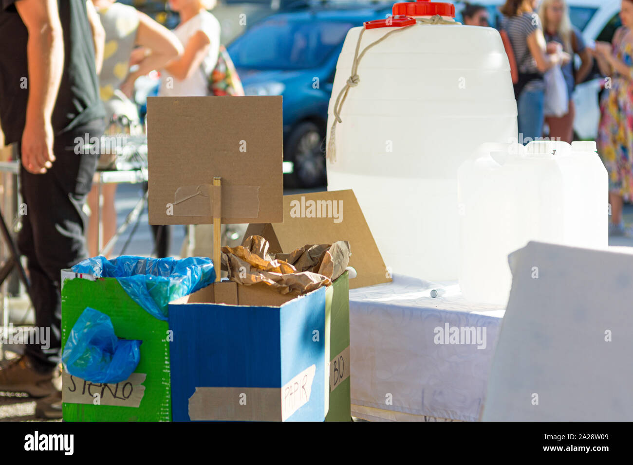 Improvised paper trash bins for recycling at outdoor event Stock Photo ...