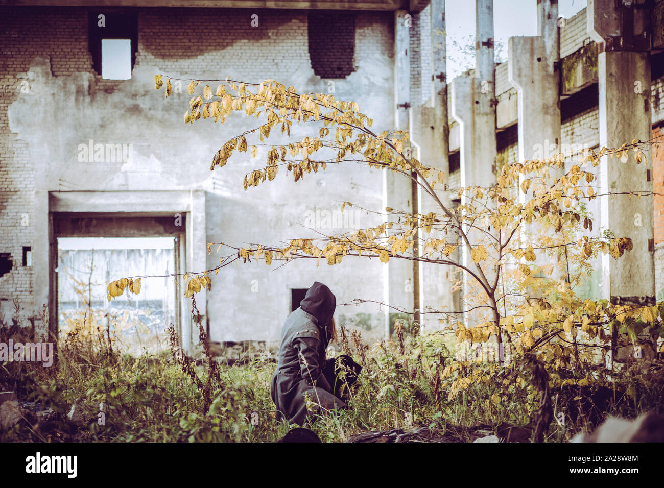 Hooded man kneels and looks at warehouse ruins post apocalypse on earth ...