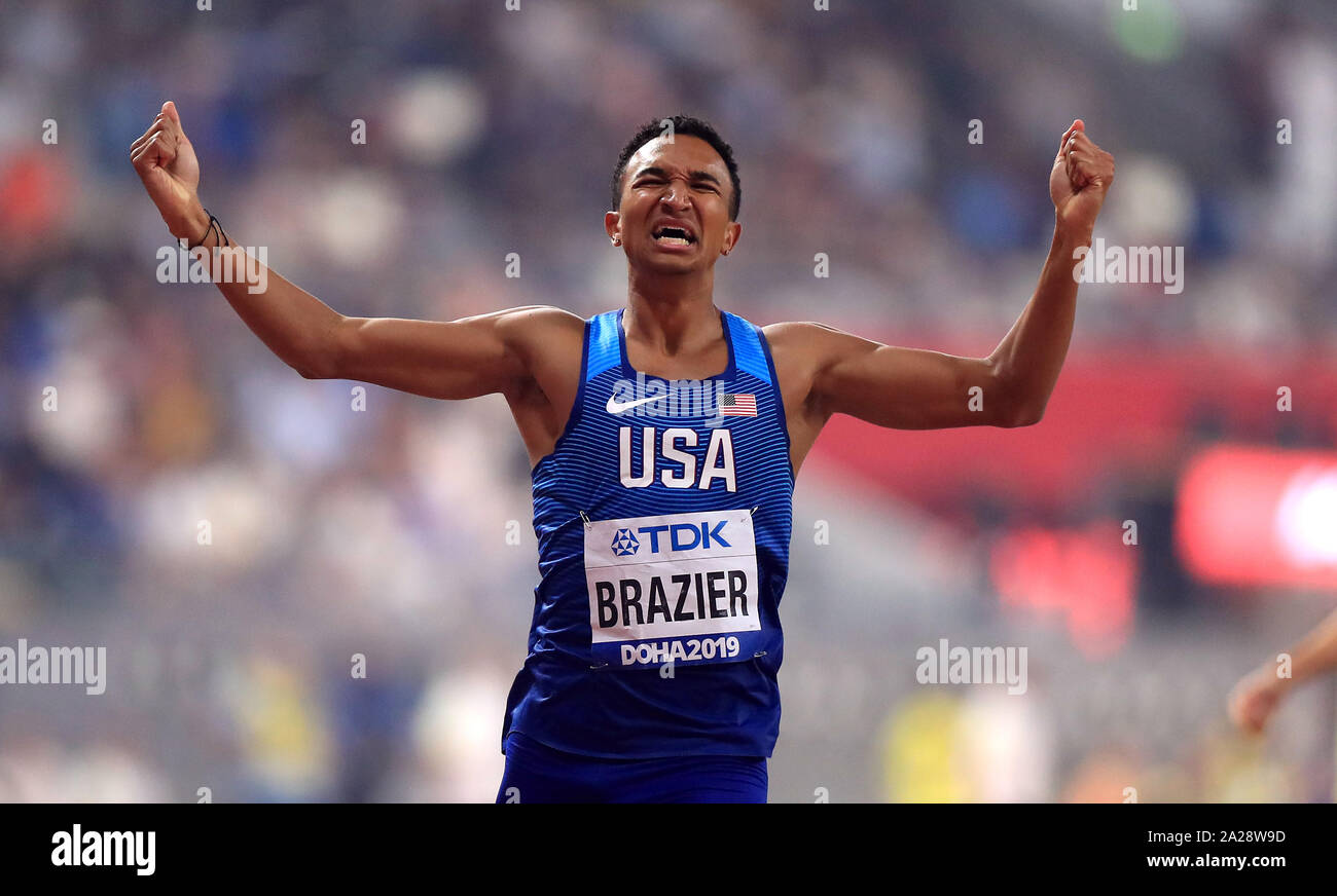 USA’s Donavan Brazier celebrates winning the Men’s 800m final during ...