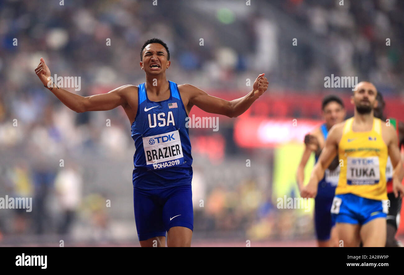 USA’s Donavan Brazier celebrates winning the Men’s 800m final during ...