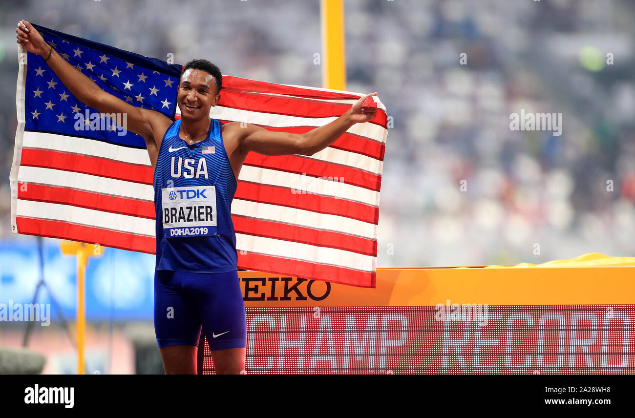 USA’s Donavan Brazier celebrates winning the Men’s 800m final during ...