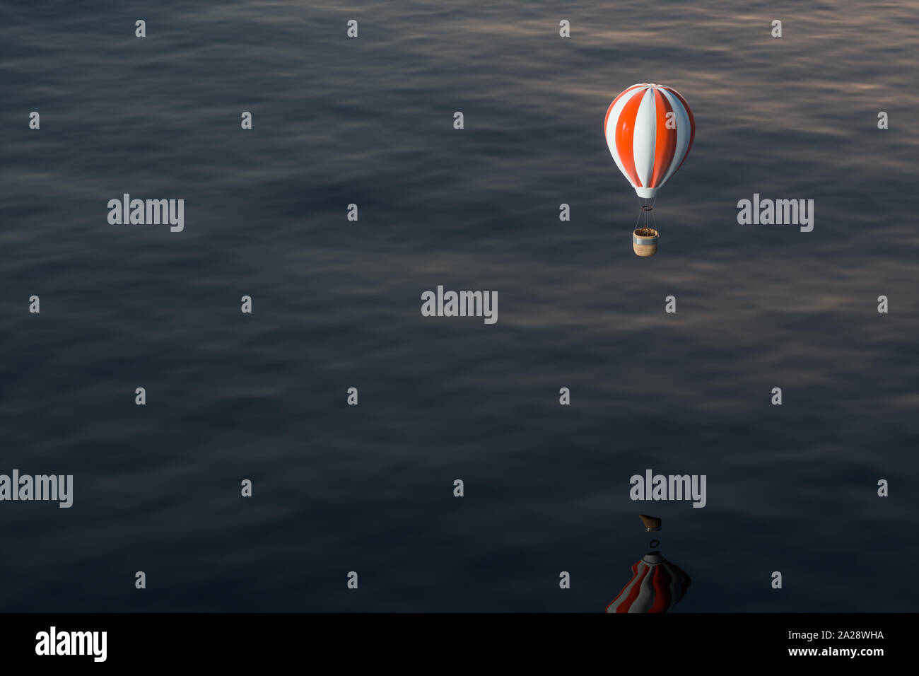 Hot air balloon flying over the ocean, 3d rendering. Computer digital ...
