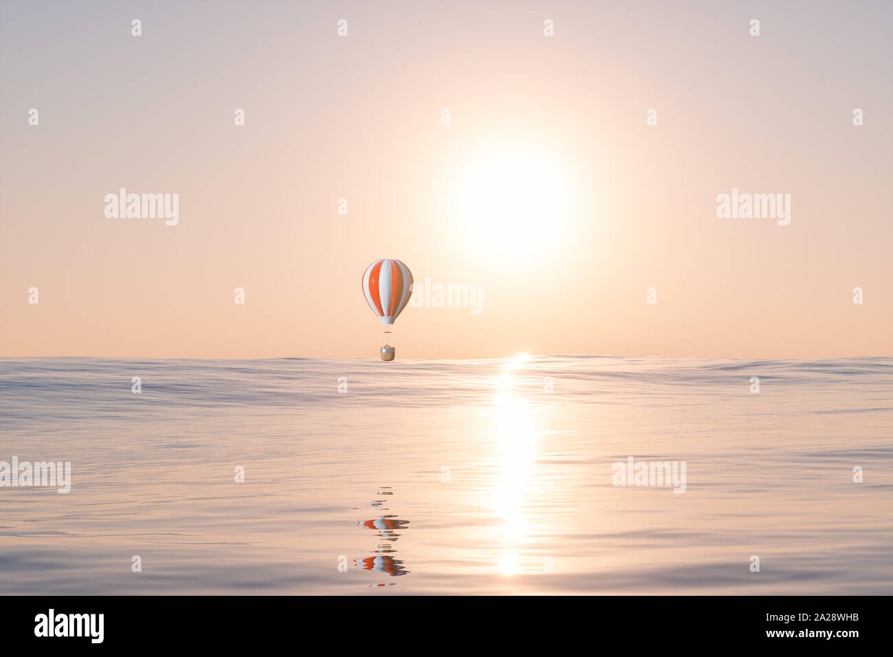 Hot air balloon flying over the ocean, 3d rendering. Computer digital ...