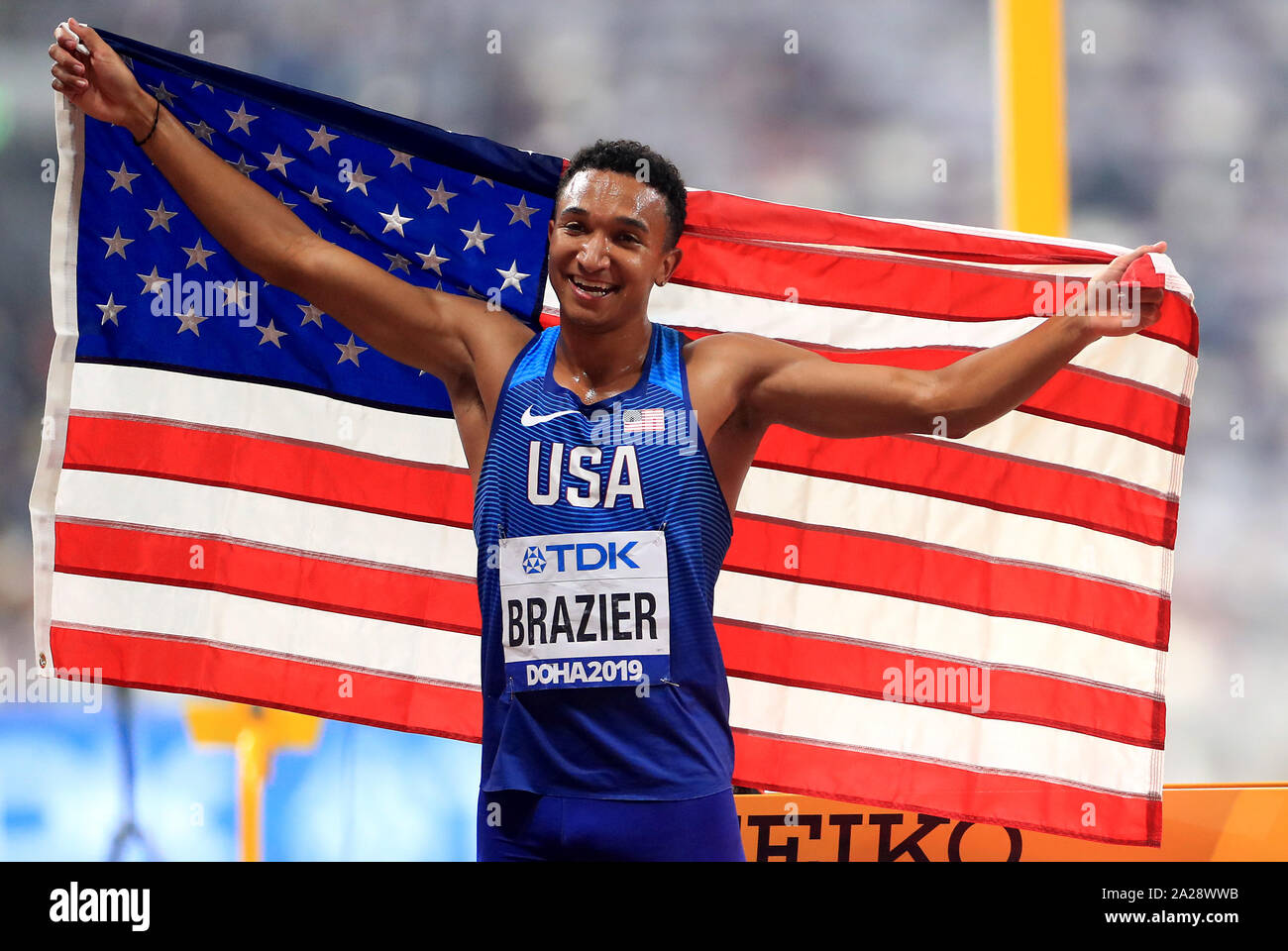 USA’s Donavan Brazier celebrates winning the Men’s 800m final during ...