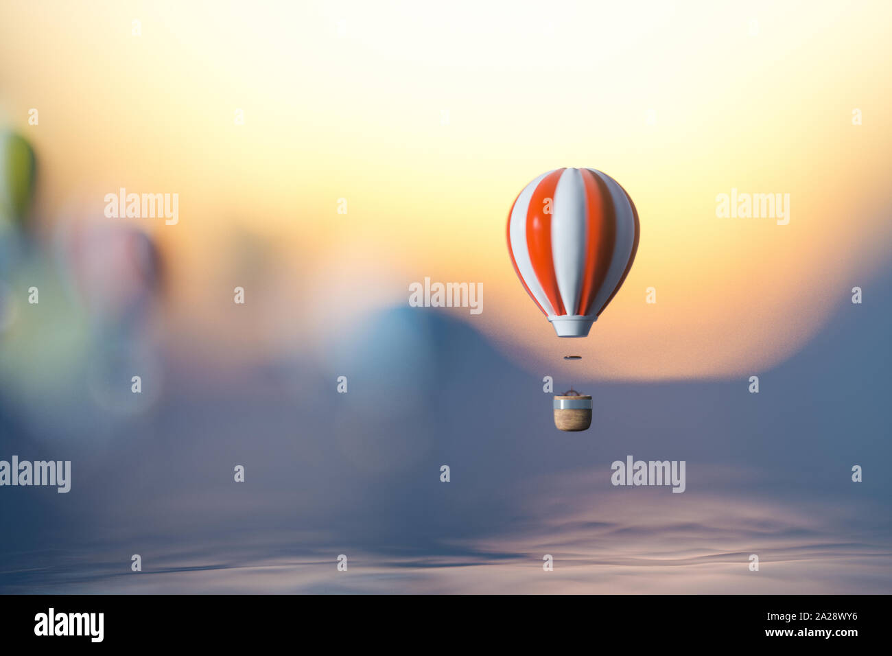 Hot air balloon flying over the ocean, 3d rendering. Computer digital ...