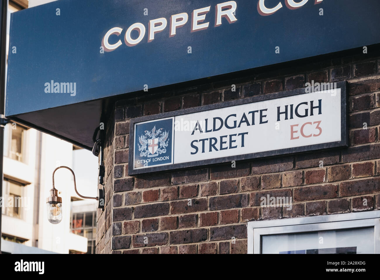 London, UK - September 07, 2019: Street name sign on Aldgate High ...