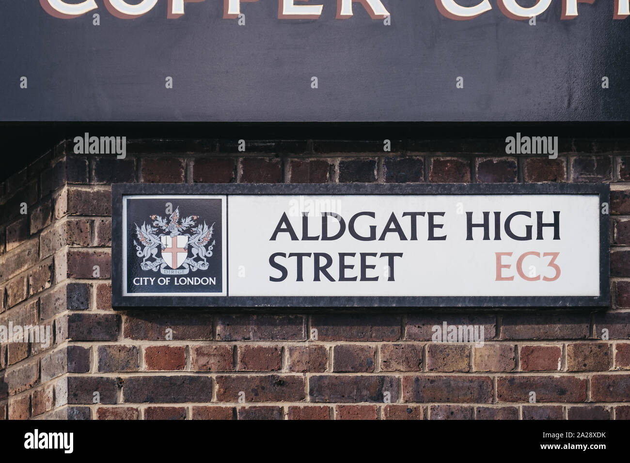 London, UK - September 07, 2019: Street name sign on Aldgate High ...