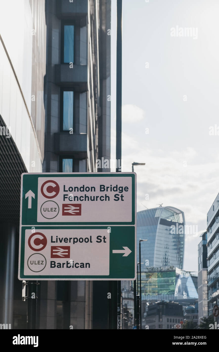 London, UK - September 7, 2019: Signs indicating the direction of Ultra ...