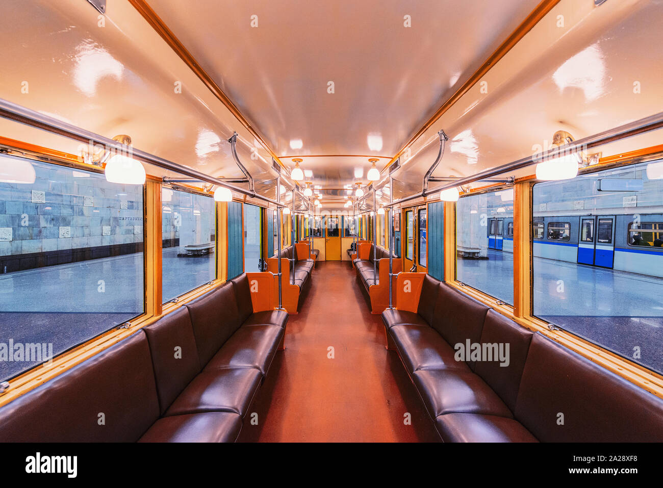 Moscow, Russia, September 28, 2019: Interior of the retro subway train ...