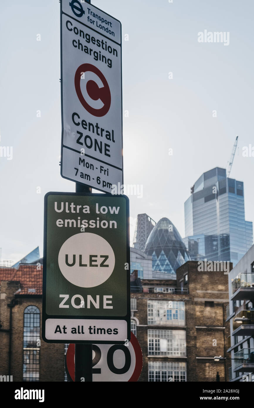 London, UK - September 7, 2019: Signs indicating Ultra Low Emission ...