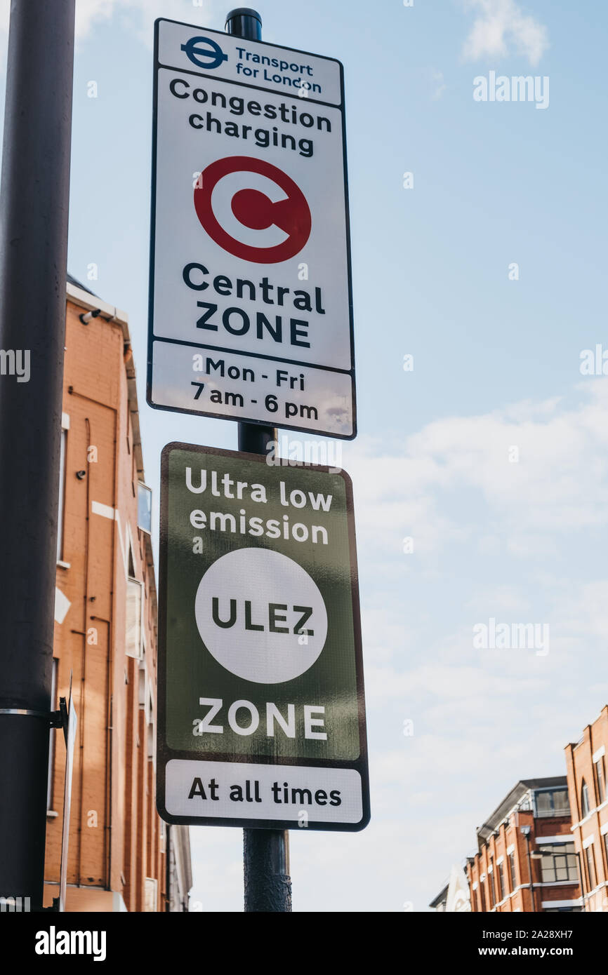 London, UK - September 7, 2019: Signs indicating Ultra Low Emission ...