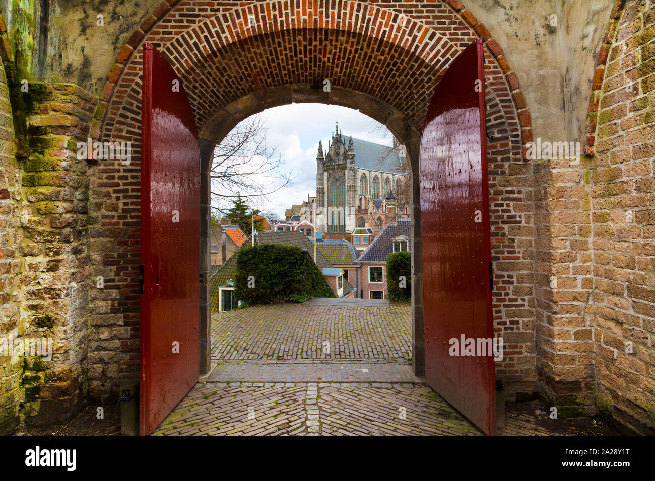 Pieterskerk cathedral church view through the old gate in Leiden ...