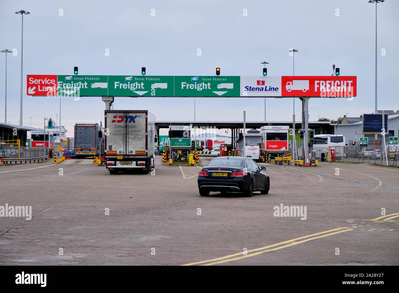 Danish lorry truck entering Holyhead ferry port Wales on its way to ...