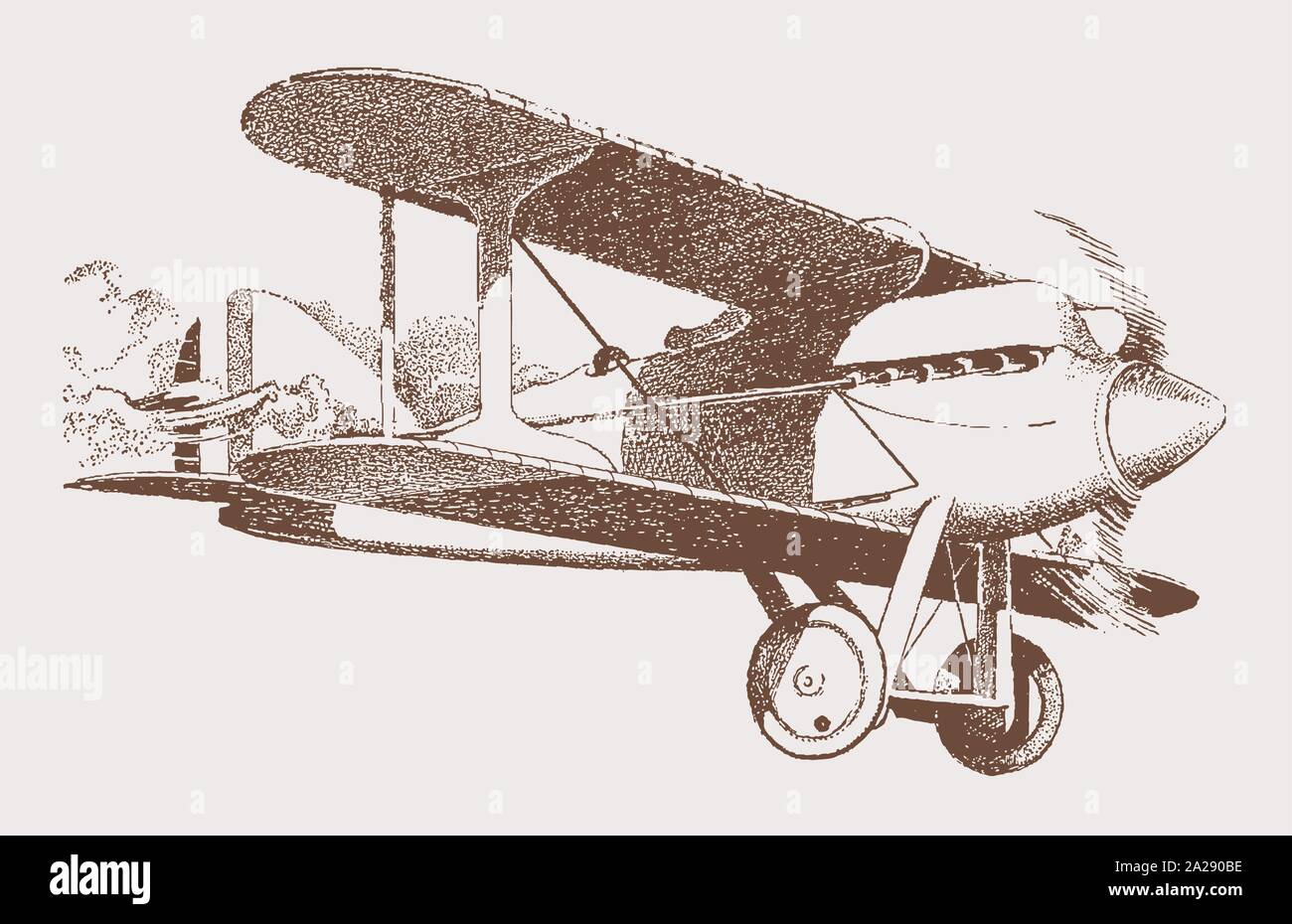 Historic racing biplane in the air. Illustration after a lithography ...