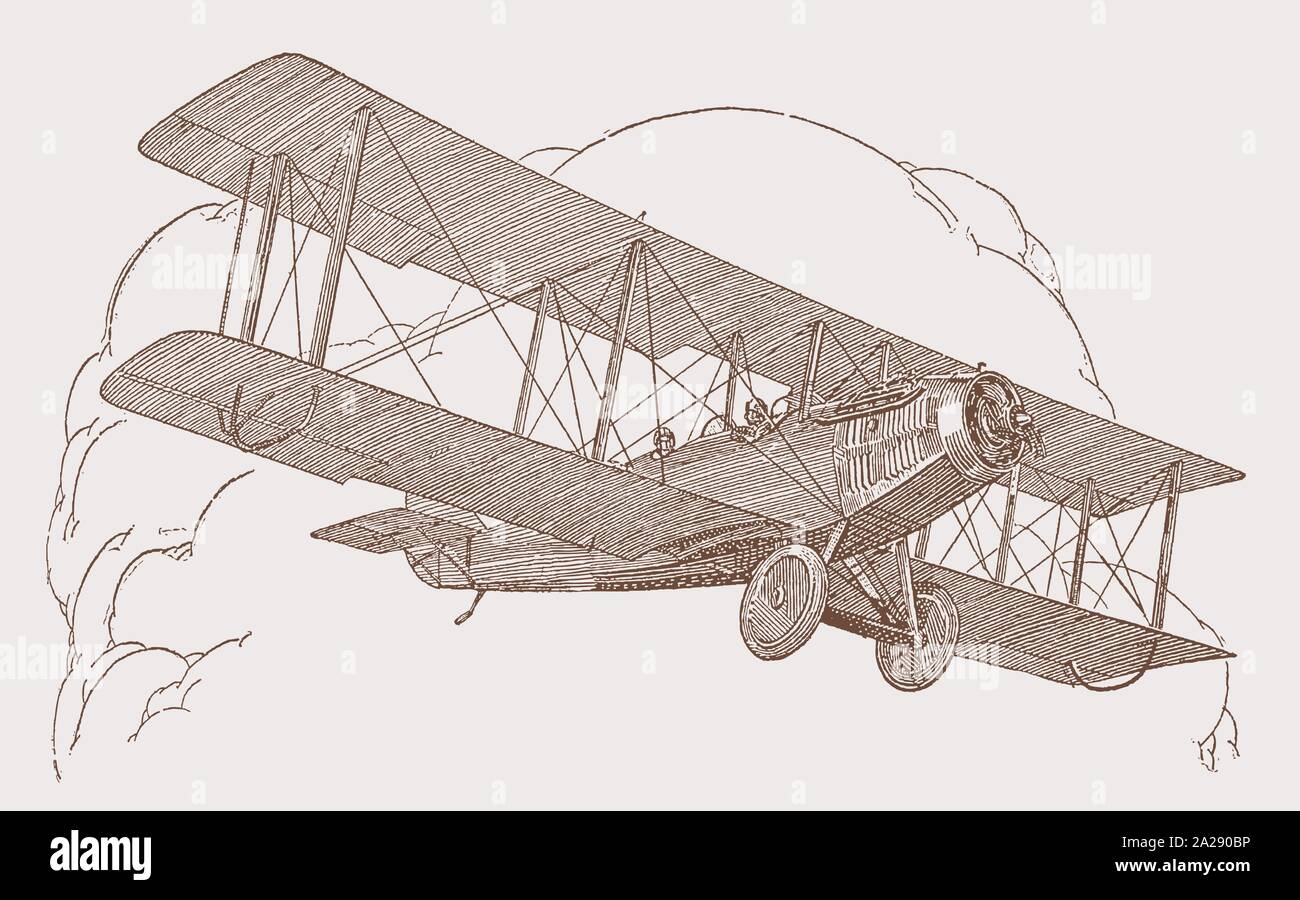 Historic two-seater biplane flying in front of large cumulus clouds ...