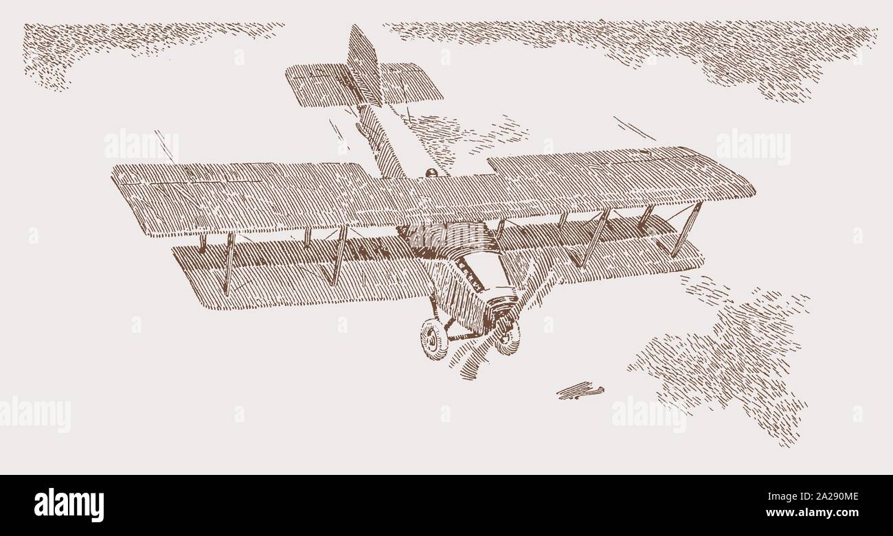Historic biplane in top view flying over a water surface. Illustration ...
