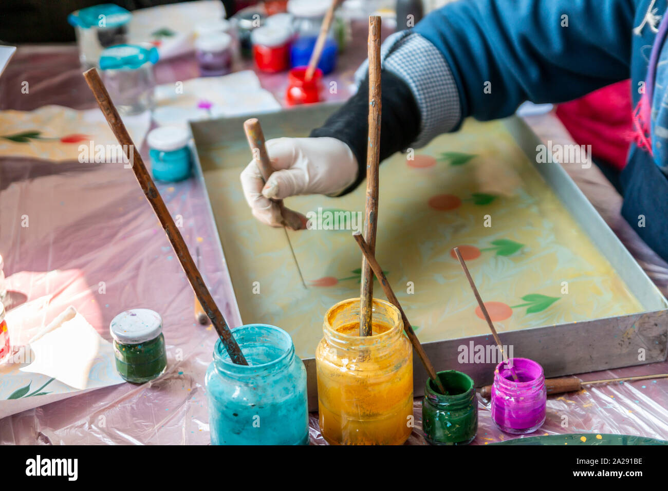 Ebru Art.The traditional art of painting on the water. Process of ...