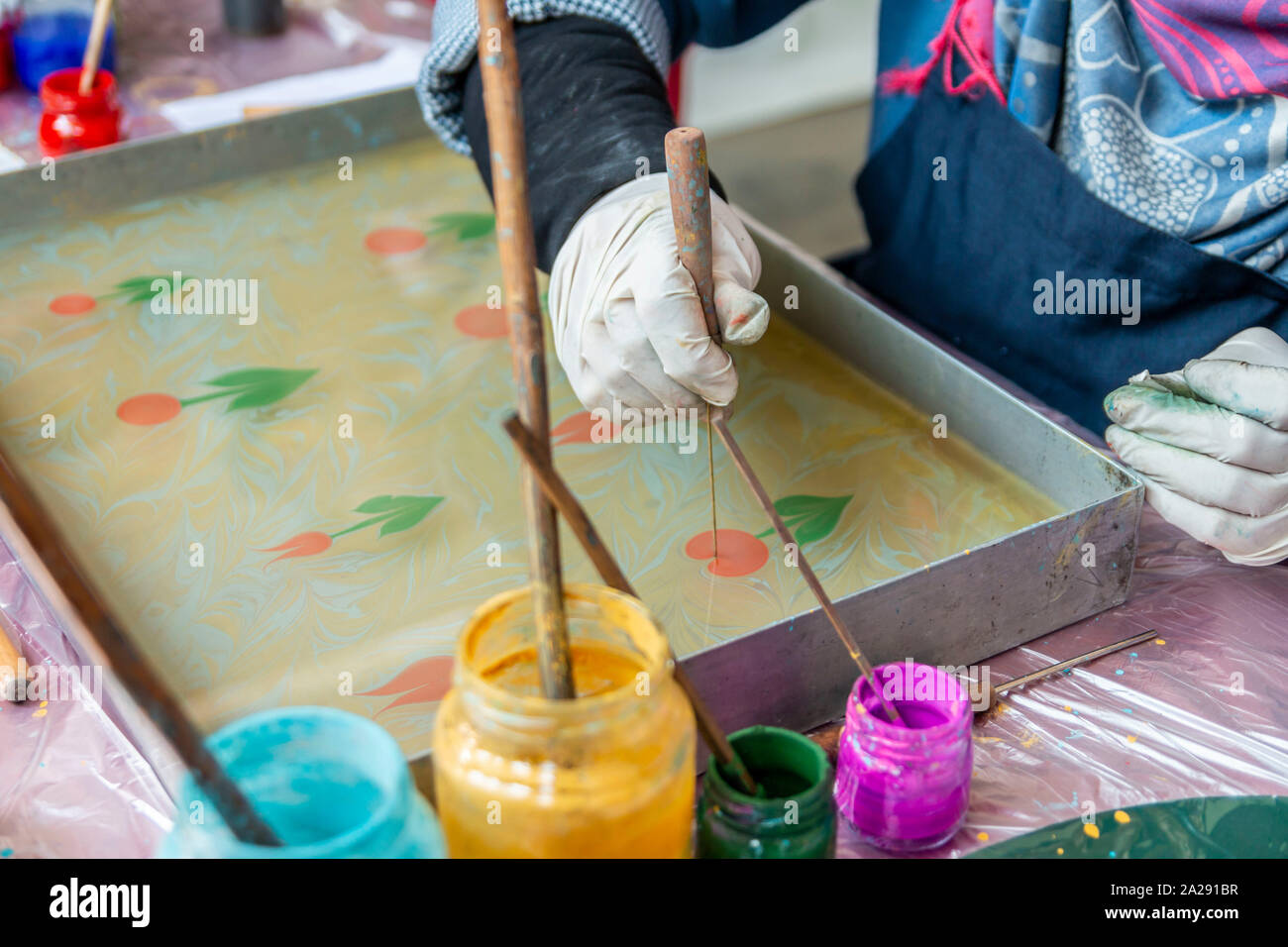Ebru Art.The traditional art of painting on the water. Process of ...
