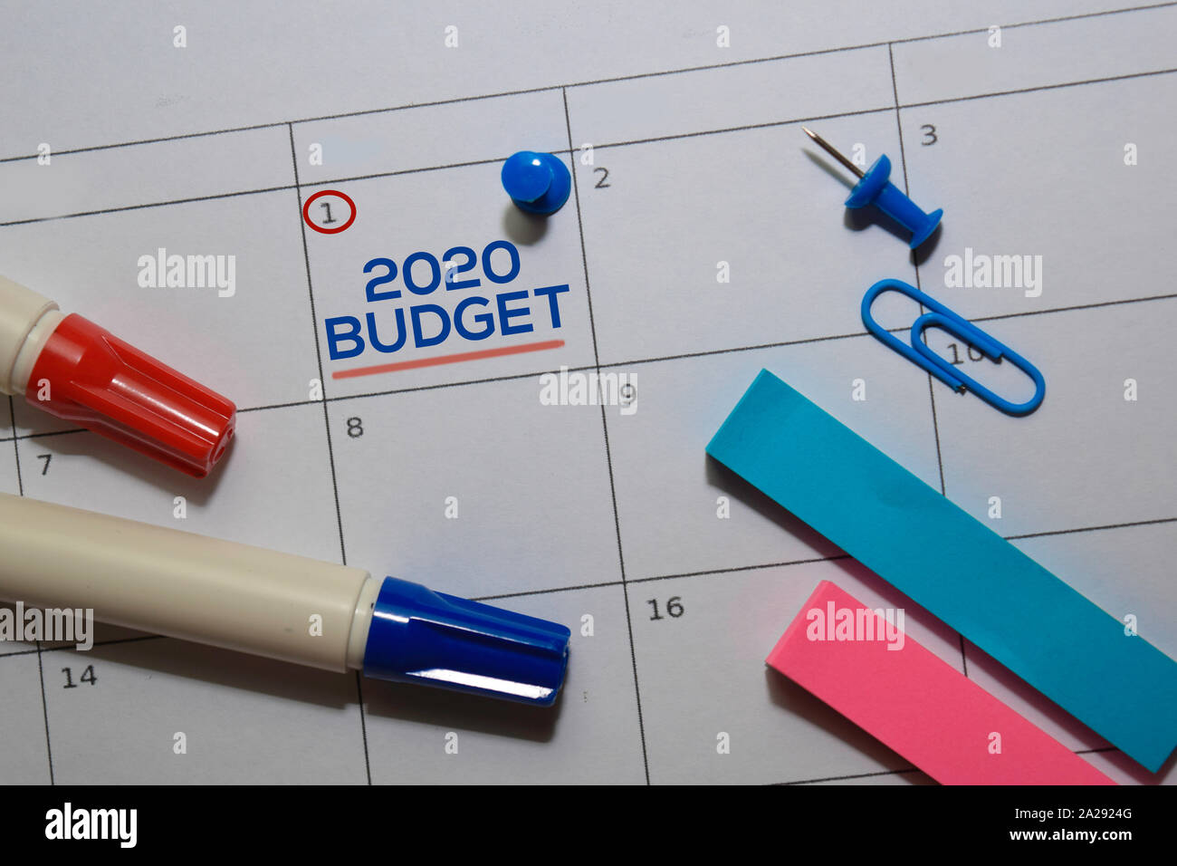 2020 Budget text on white calendar background. Reminder or schedule ...