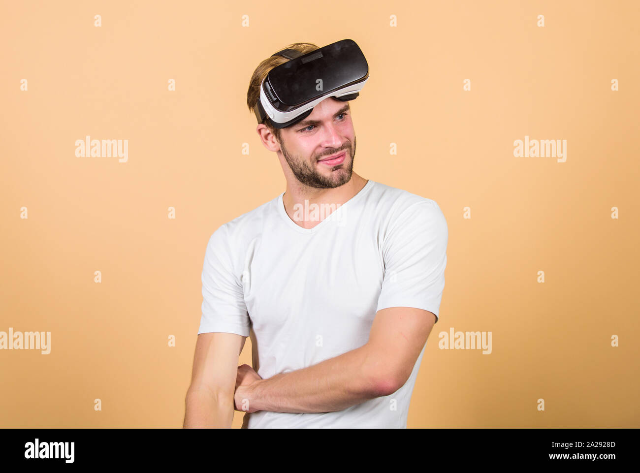 Entertainment and education. Augmented 3D world. Man hipster virtual ...