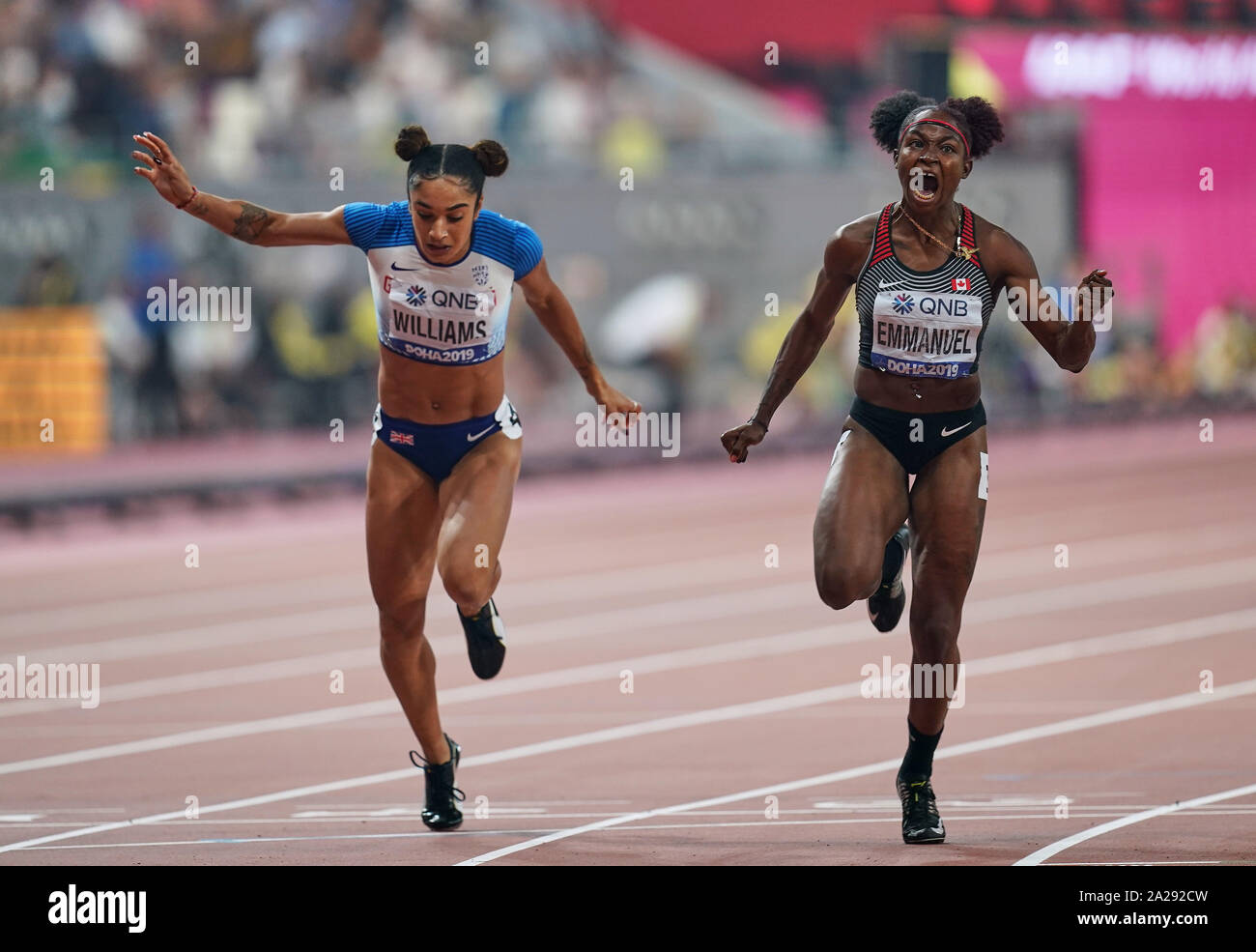 Doha, Qatar. 1st Oct, 2019. Crystal Emmanuel of Canada and Jodie ...