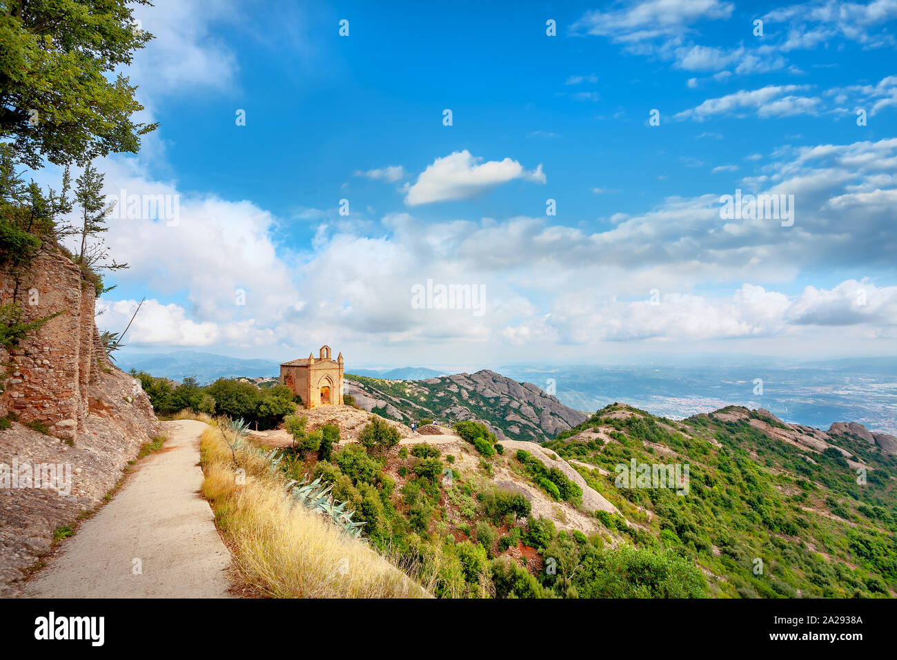 Landscape with chapel Sant Joan in mountains of Montserrat monastery ...