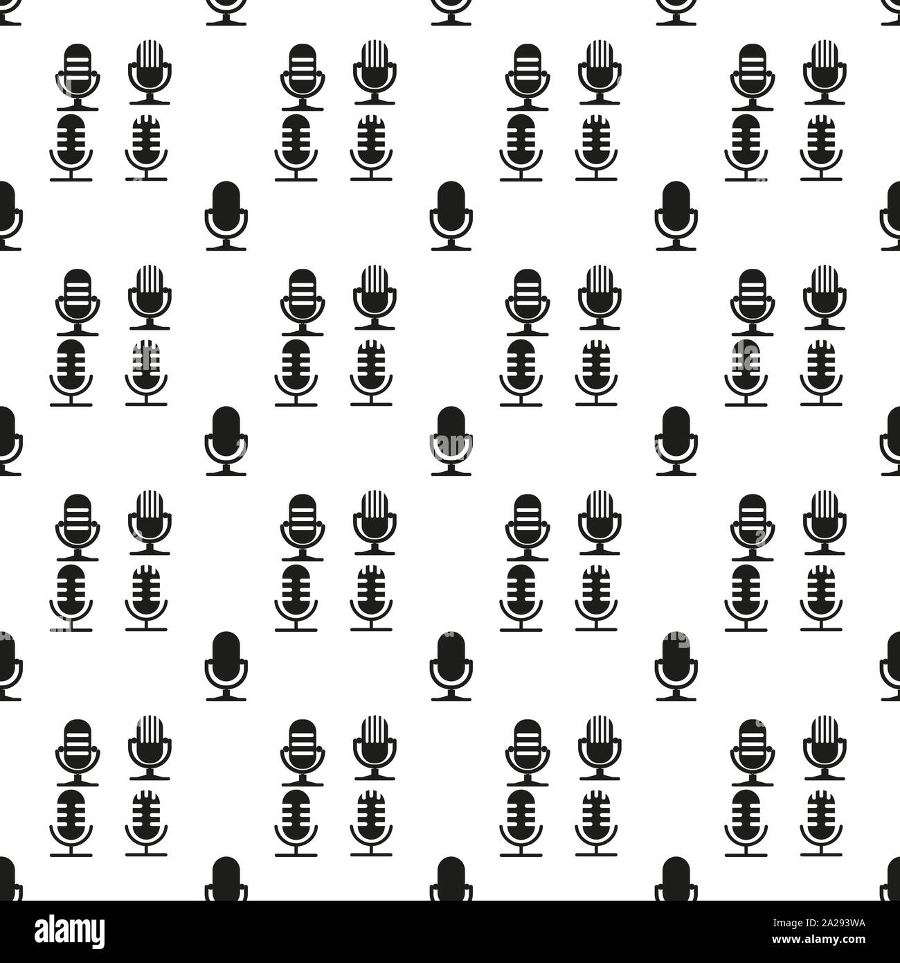 Black Microphone icon isolated seamless pattern on white background. On air radio mic microphone ...