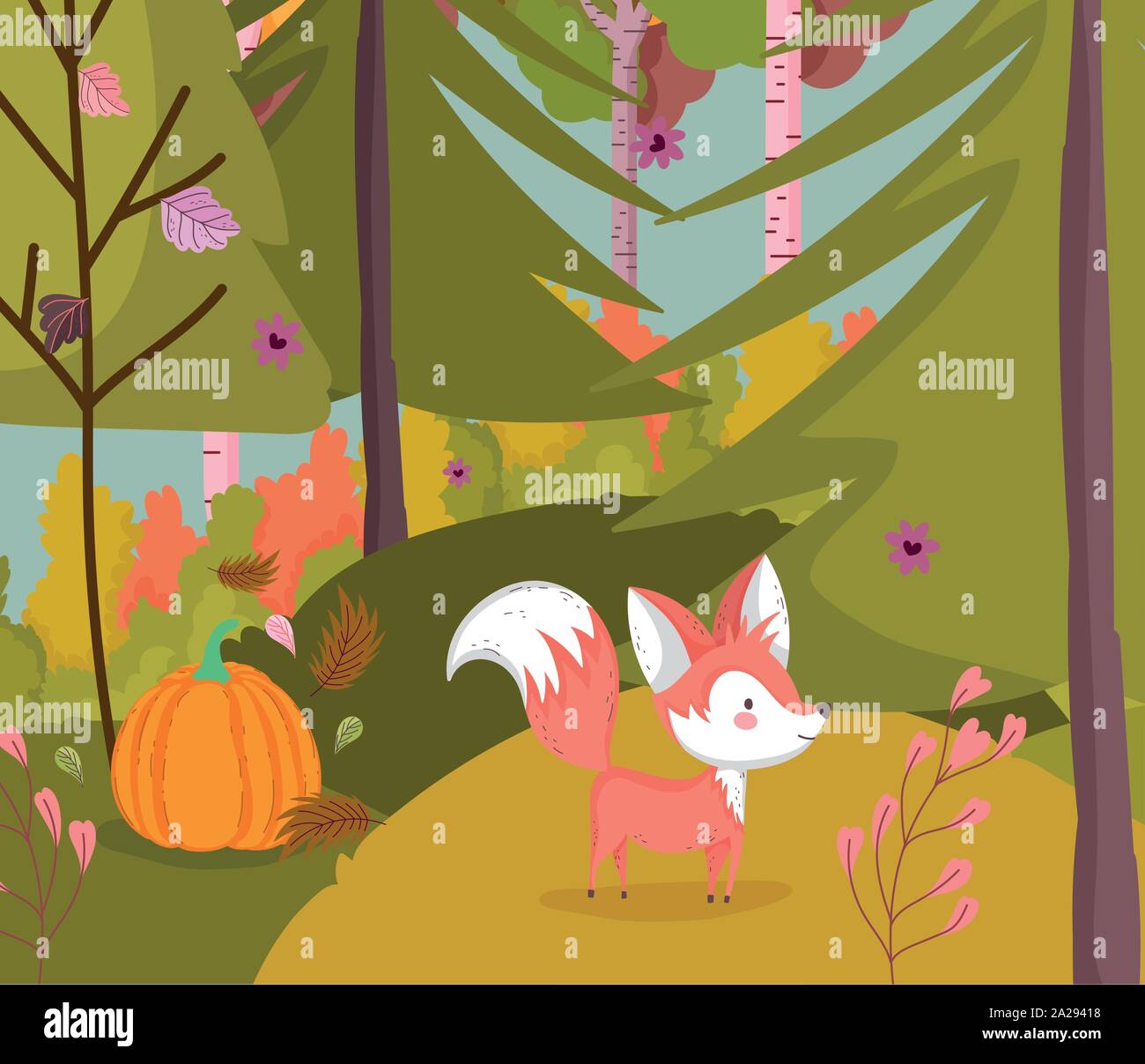 hello autumn leaves season fox animal trees pumpkin poster vector ...